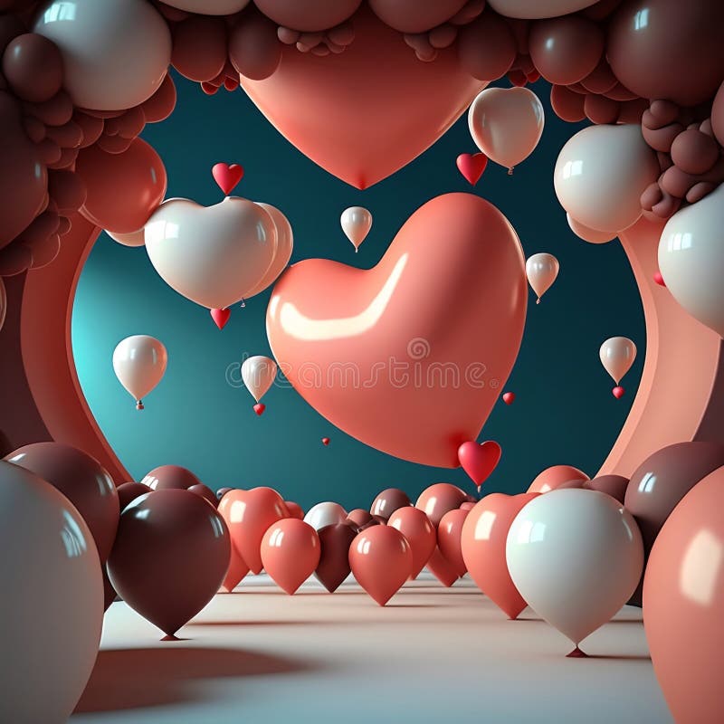 3D Render, Glossy Heart Shape Balloons Decorated Circular Stock Photo ...