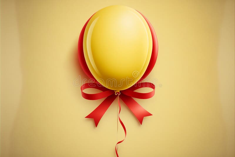 3D Render, Glossy Yellow Balloon with Red Ribbon Against Stock ...