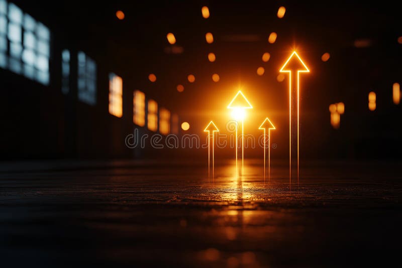 3D Render of Glowing Arrows Pointing Upwards in Dark Industrial Space ...