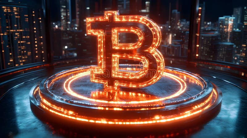 3D Render - Glowing Bitcoin Symbol on a Platform Stock Illustration ...