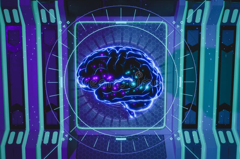 3D Render of Glowing Brain with Geometric Abstract Pattern, Sci Fi Ai ...