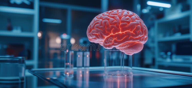 3D Render of Glowing Brain in Laboratory Setting with Scientific ...