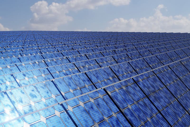3D Render of Glowing Bright Blue Solar Panels Under a Bright Sky Stock ...