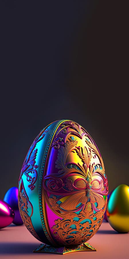 3D Render of Glowing Colorful Floral Easter Eggs and Copy Space. Happy ...