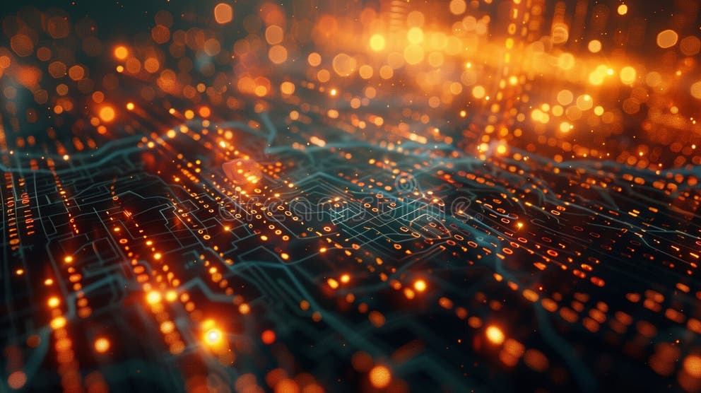 A 3D Render of a Glowing Digital Matrix with Binary Code and Complex ...