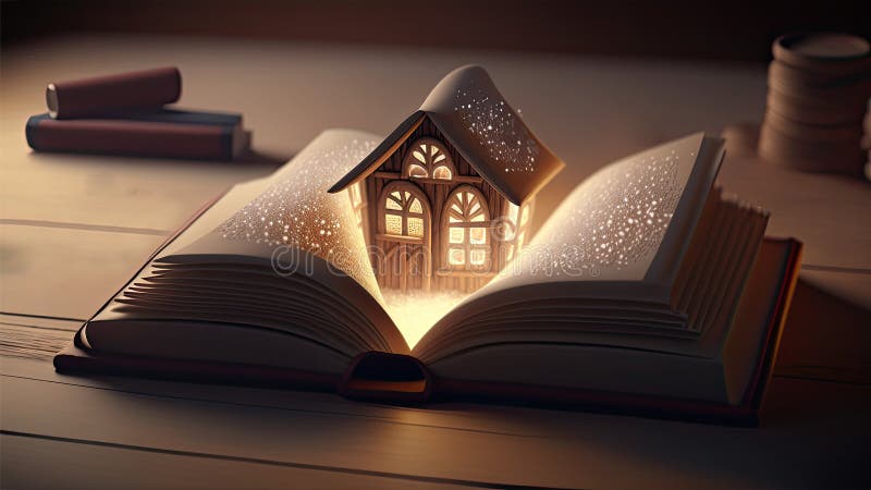 3D Render of Glowing House on Open Book Against Brown Wooden Stock ...