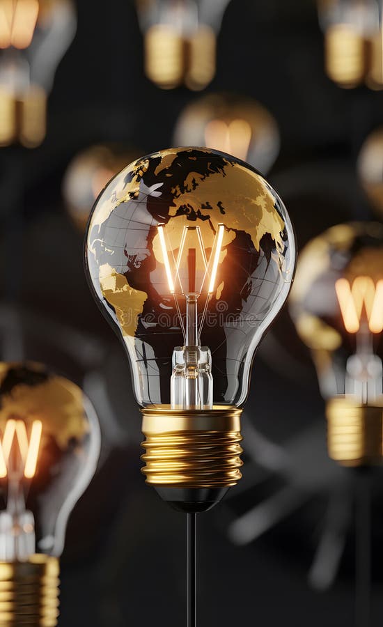 3D Render of a Glowing Light Bulb with a Golden World Map Stock ...