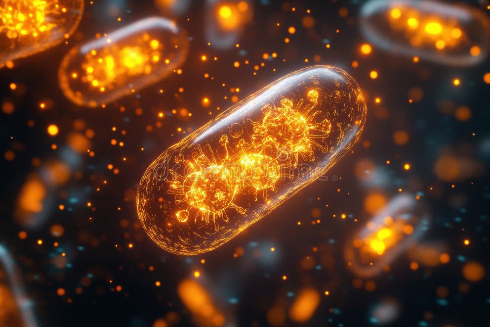 3D Render of Glowing Microbes in a Vibrant Microscopic Environment ...