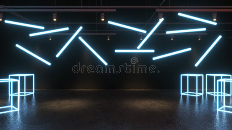 3D Render Glowing Neon Lighting on Floor Reflection for Future Premium ...