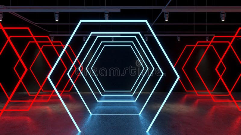 3D Render Glowing Neon Lighting on Floor Reflection for Future Premium ...