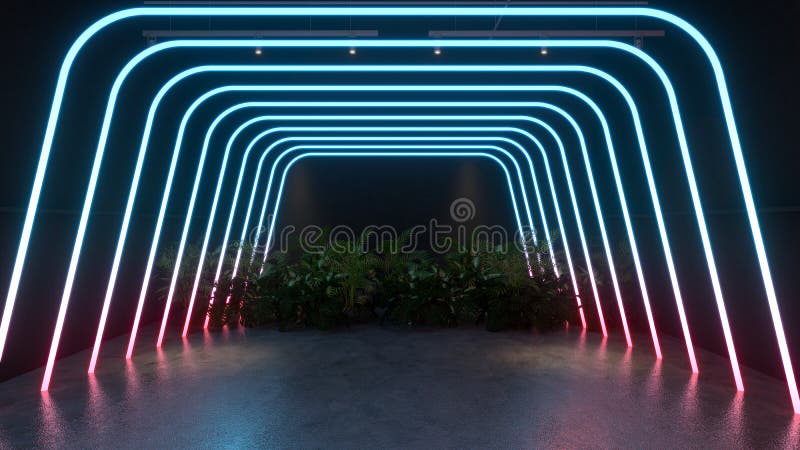 3D Render Glowing Neon Lighting on Floor Reflection for Future Premium ...