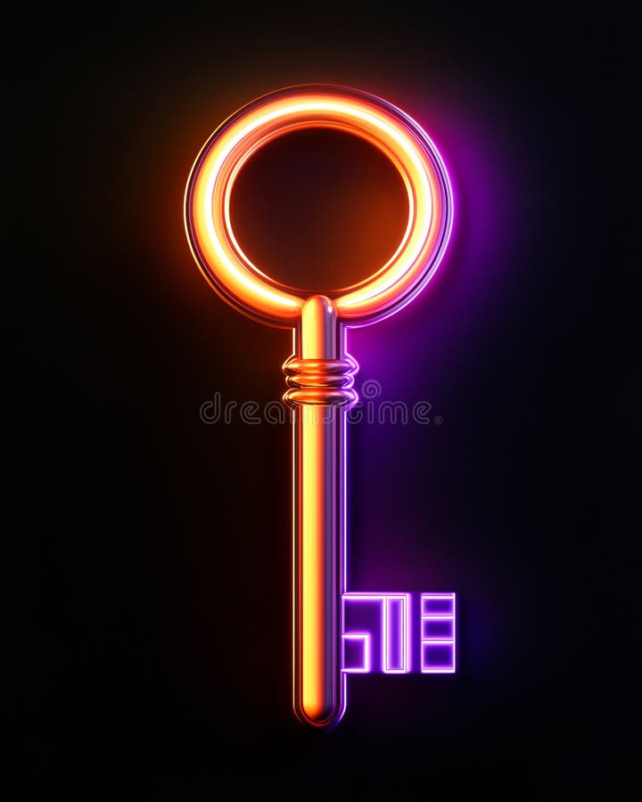 3D Render of a Glowing Orange and Violet Gradient Vintage Key on a ...