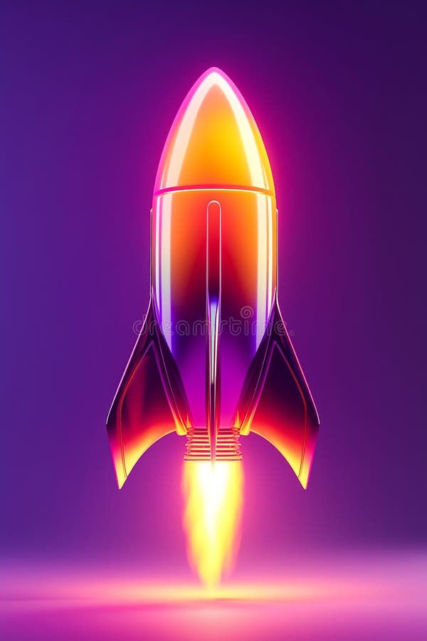 3D Render of a Glowing Rocket Launching with Vibrant Orange and Violet ...