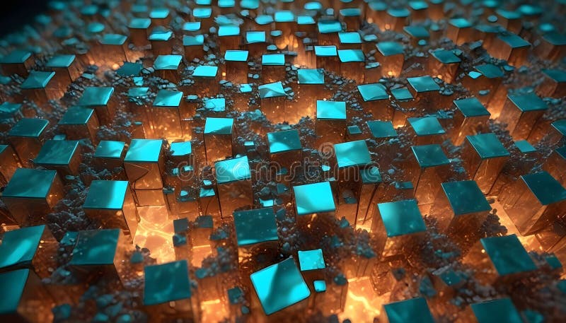 3D Render of Glowing Turquoise Cubes Emerging from a Cracked, Glowing ...