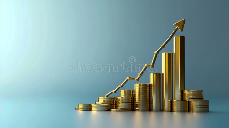 3D Render of a Gold Bar Graph with an Arrow Pointing Upwards on a Light Blue Background Stock ...