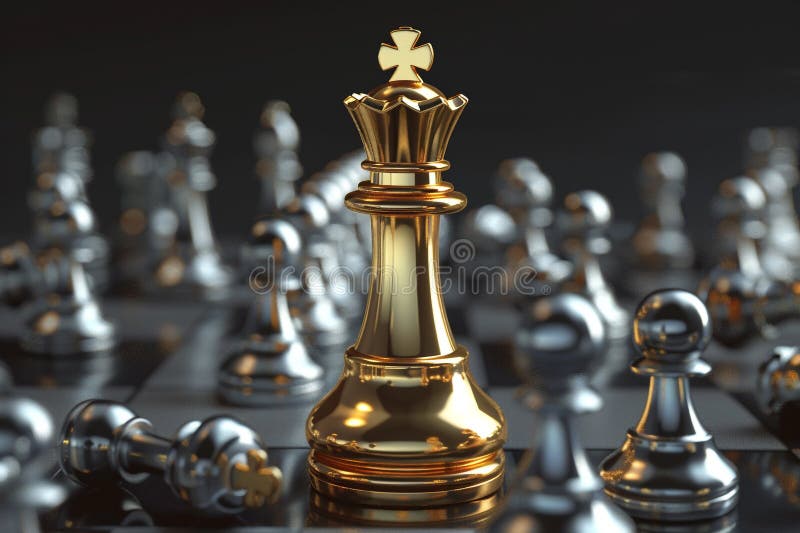 3D Render of a Gold Chess King Standing Tall among Silver Pawns ...