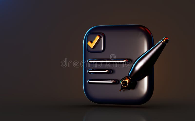 3d Render Gold Metallic Document Write Check Mark Icon on Dark ...