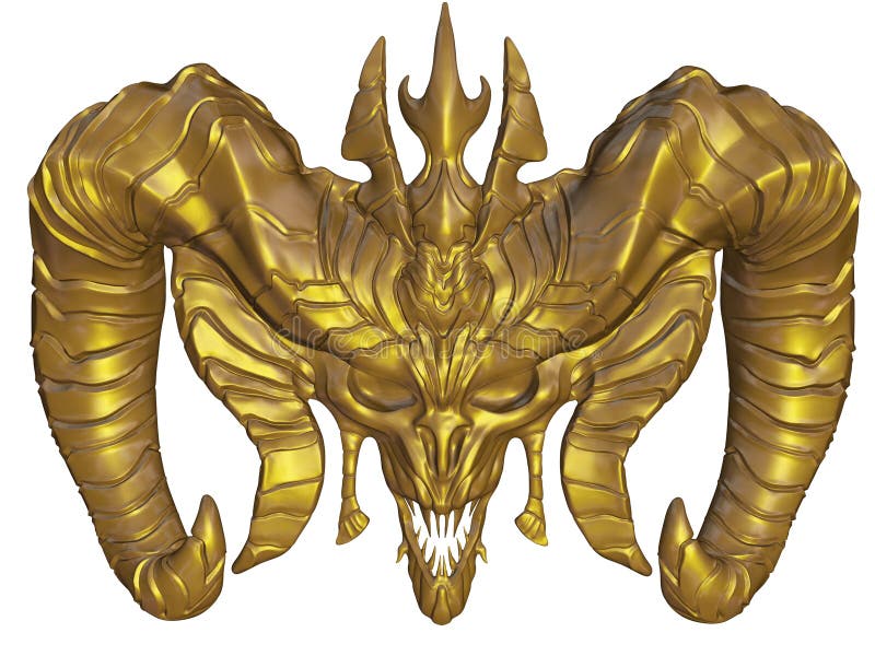 3D Render of Gold Plated Demon Monster with Horns and Teeth Stock ...