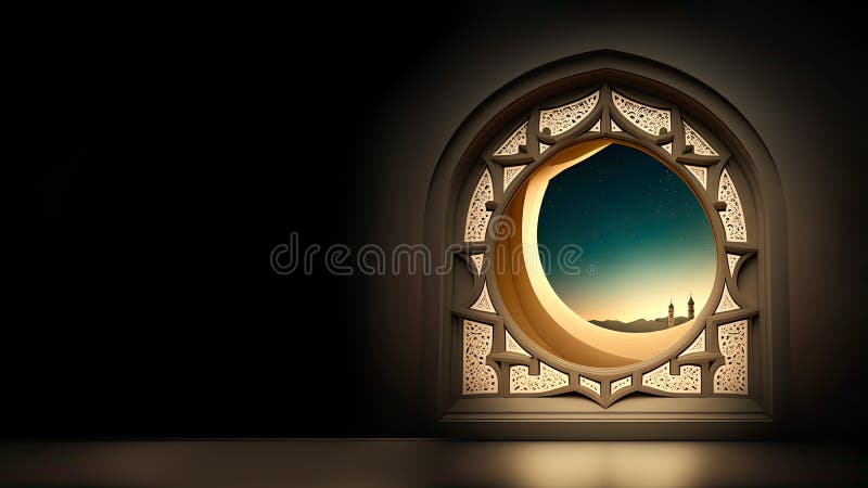 3D Render of Golden Crescent Moon Inside Islamic Window and Copy Space ...