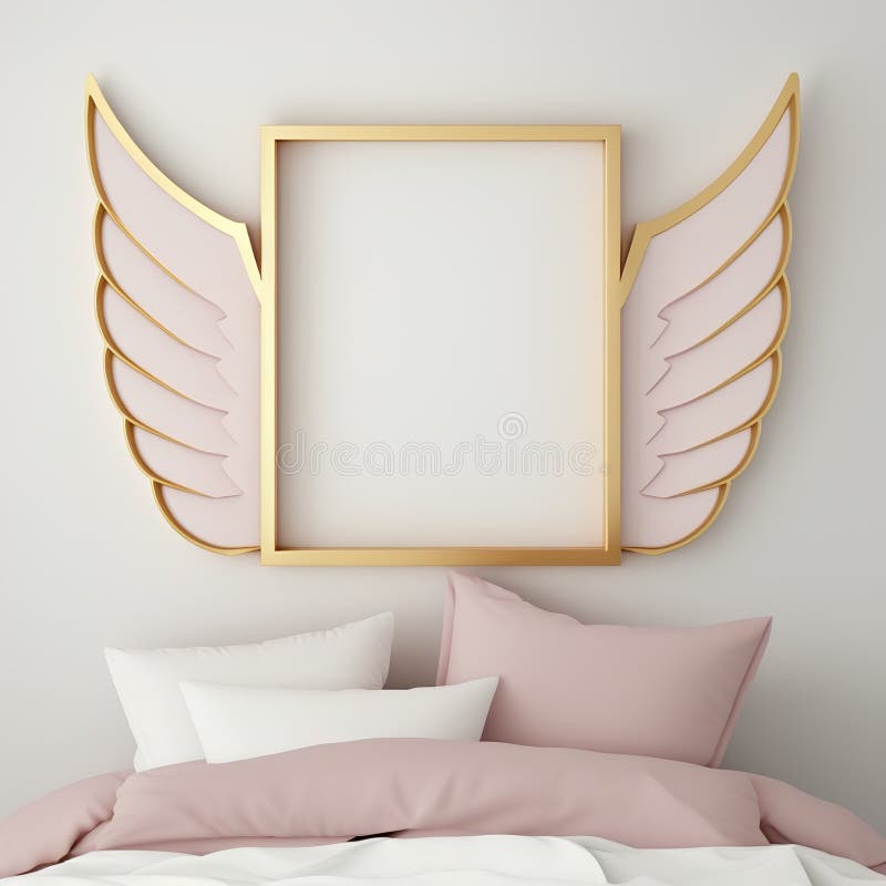 3d Render of Golden Frame with Angel Wings on the Bed. Stock ...
