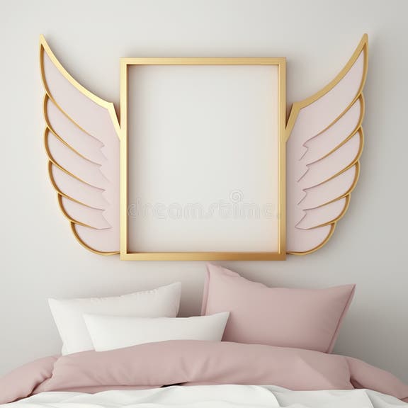 3d Render of Golden Frame with Angel Wings on the Bed. Stock ...
