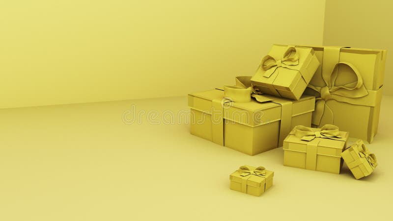 3d Render. Golden Gift Boxes in the Yellow Stock Illustration ...