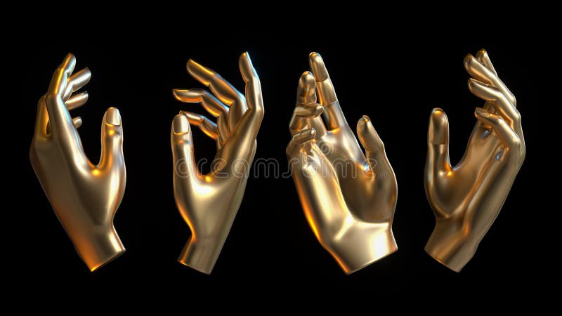 3d Render of Golden Metallic Hand Pose or Gesture from Different Angles ...