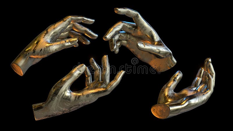 3d Render of Golden Metallic Hand Pose or Gesture from Different Angles ...