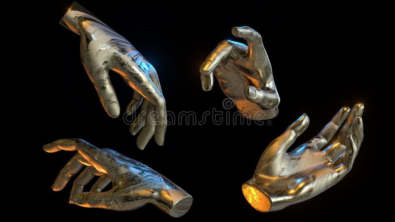 3d Render of Golden Metallic Hand Pose or Gesture from Different Angles ...