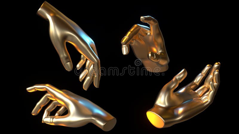 3d Render of Golden Metallic Hand Pose or Gesture from Different Angles ...