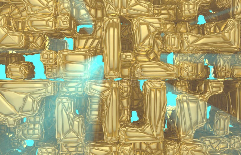 3d Render, Golden Modern Wired Cube Wall Texture, Random Clusters ...