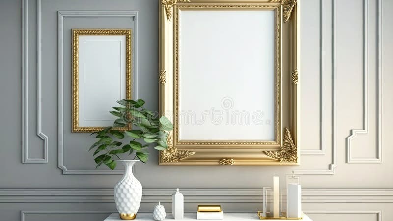 3D Render of Golden Vintage Frames with Image Placeholder on Interior ...