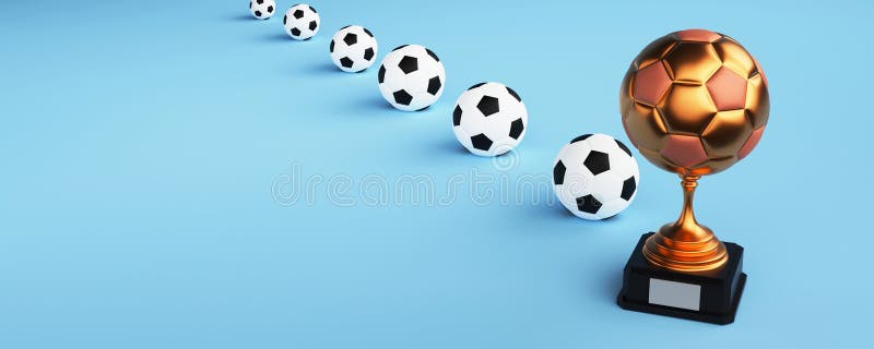 3D Render Golden Winning Trophy with Soccer Balls Over Blue Background ...