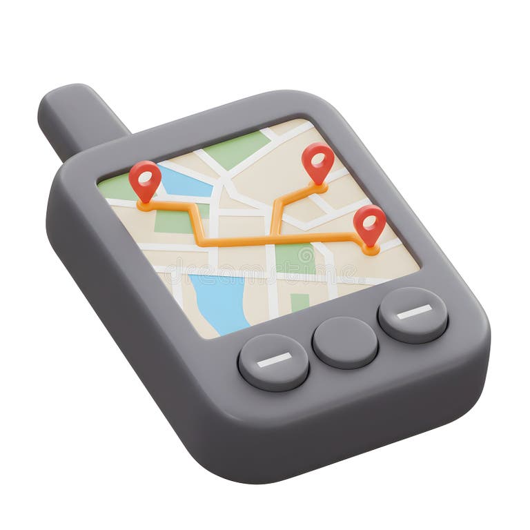 3D Render of a GPS Navigation Device Showing a Route on a City Map with Multiple Location Pins ...