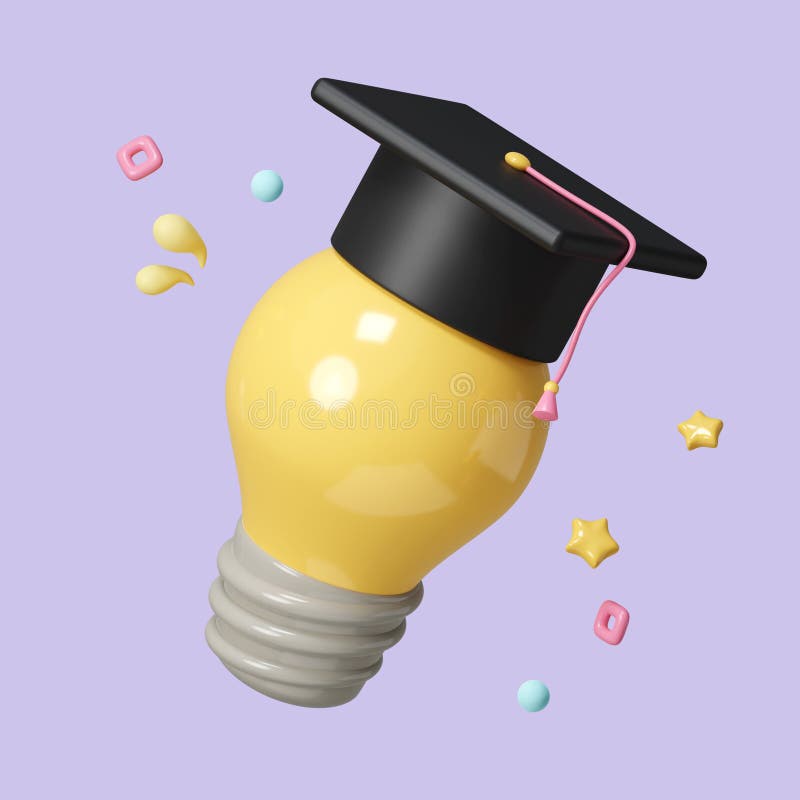 3d Render Graduation Hat on Light Bulb. Learning School and Knowledge ...