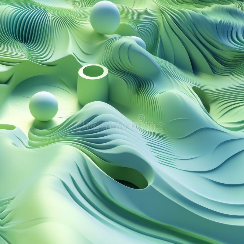 A 3D Render of a Green and Blue Landscape with Waves and Spheres Stock Illustration ...