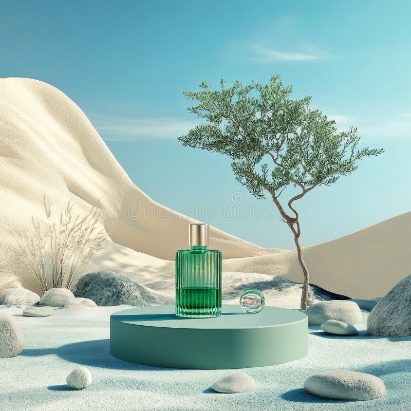 3d Render of a Green Bottle of Perfume in the Desert. Stock ...