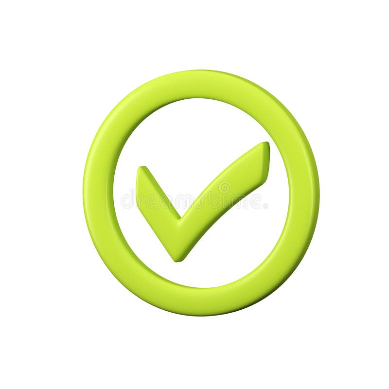3D Render Green Check Mark in Circle Shape. Round Icon Isolated on ...