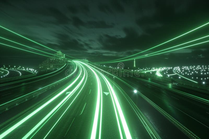 3D Render of Green Light Trails on Highway Stock Illustration ...