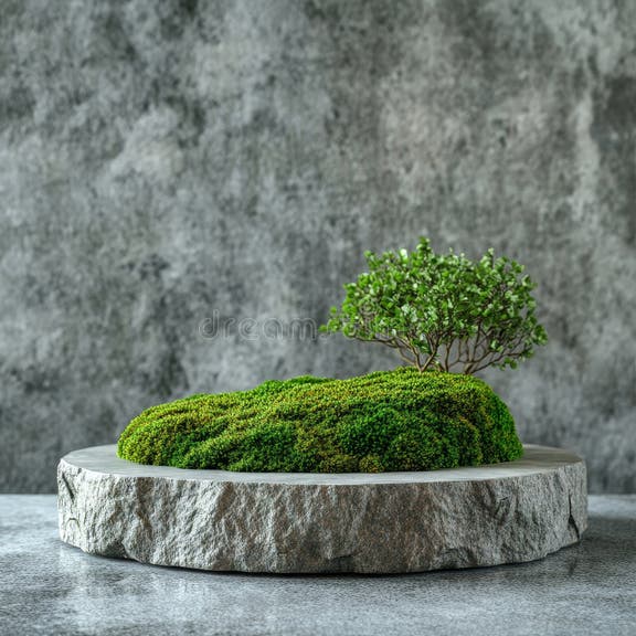 3d Render of a Green Tree on a Stone Pedestal in Front of a Grey Wall ...