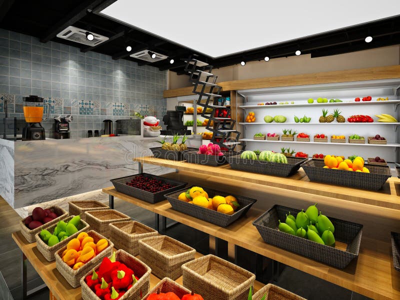 3d Render Grocery Vegetables Fruits Shop Stock Illustration ...