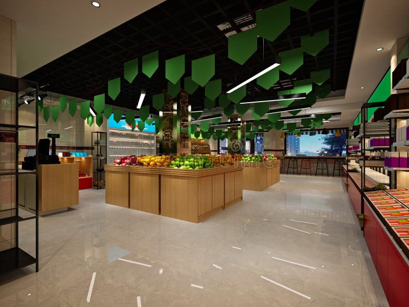 3d Render Grocery Vegetables Fruits Shop Stock Illustration ...