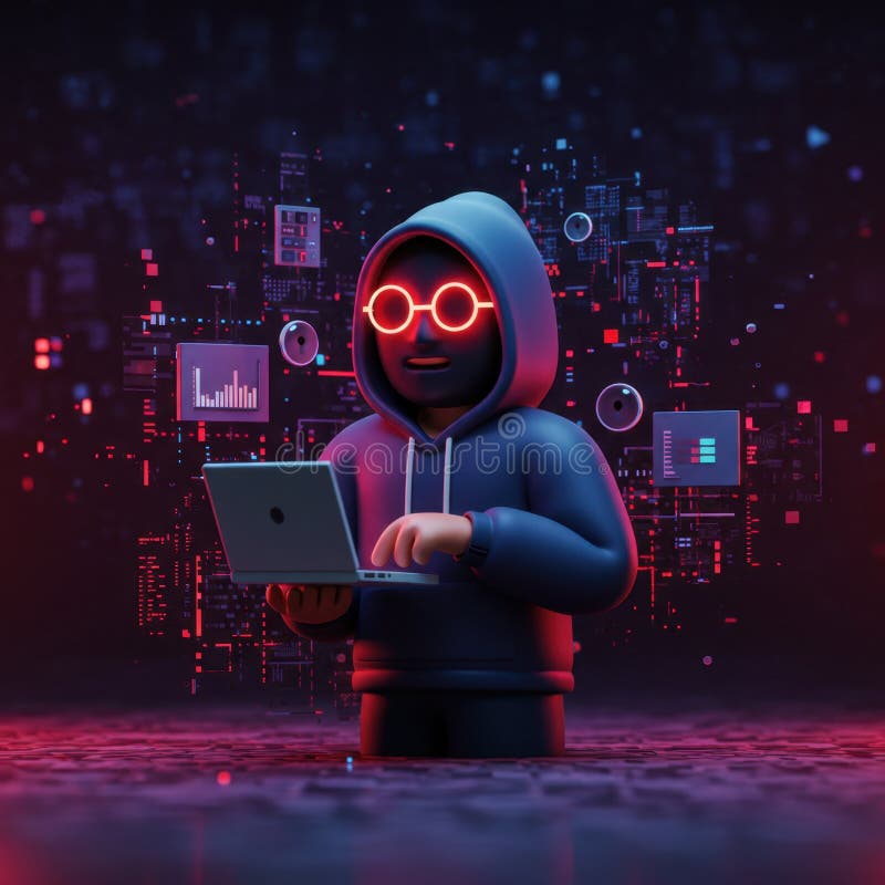 3D Render of a Hacker Working on Laptop with Neon Background Stock ...