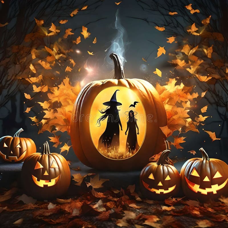 3D Render Halloween Pumpkins Witches Illustration Stock Illustration ...