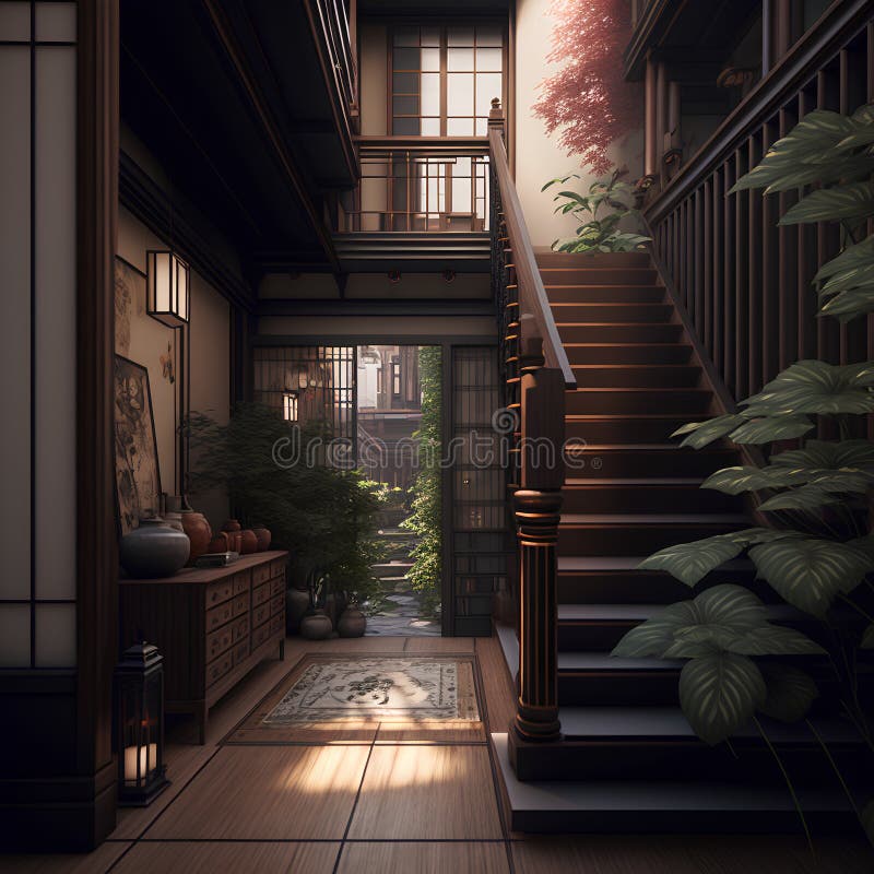 3d Render of Japanese House in the Garden at Night Generative AI Stock ...