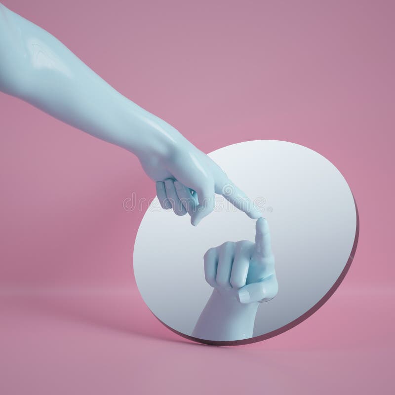 3d Render, Hand Reflection in Round Mirror Isolated on Pink Background ...