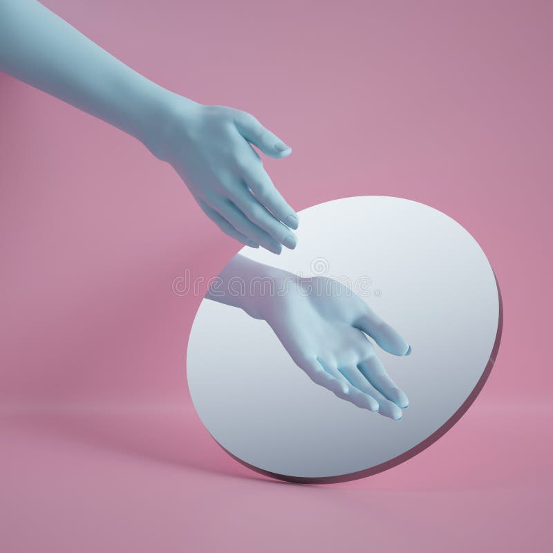 3d Render, Hand Reflection in Round Mirror Isolated on Pink Background ...