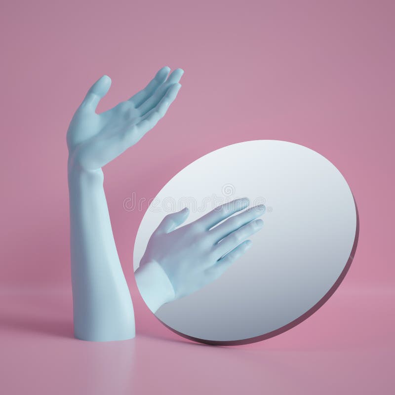 3d Render, Hand Reflection in Round Mirror Isolated on Pink Background ...
