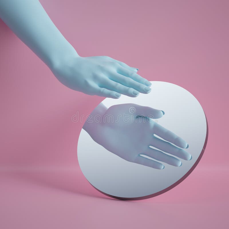 3d Render, Hand Reflection in Round Mirror Isolated on Pink Background ...