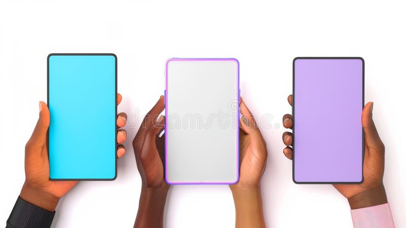 A 3D Render of Hands Holding Electronic Devices Including Smartphones and Tablets with Blank ...